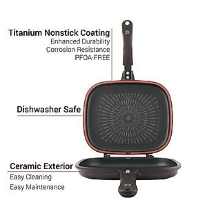 Happycall Titanium Nonstick Double Pan, Omelette Pan, Flip Pan, Square, Dishwasher Safe, PFOA-free, Brown (Jumbo Grill)