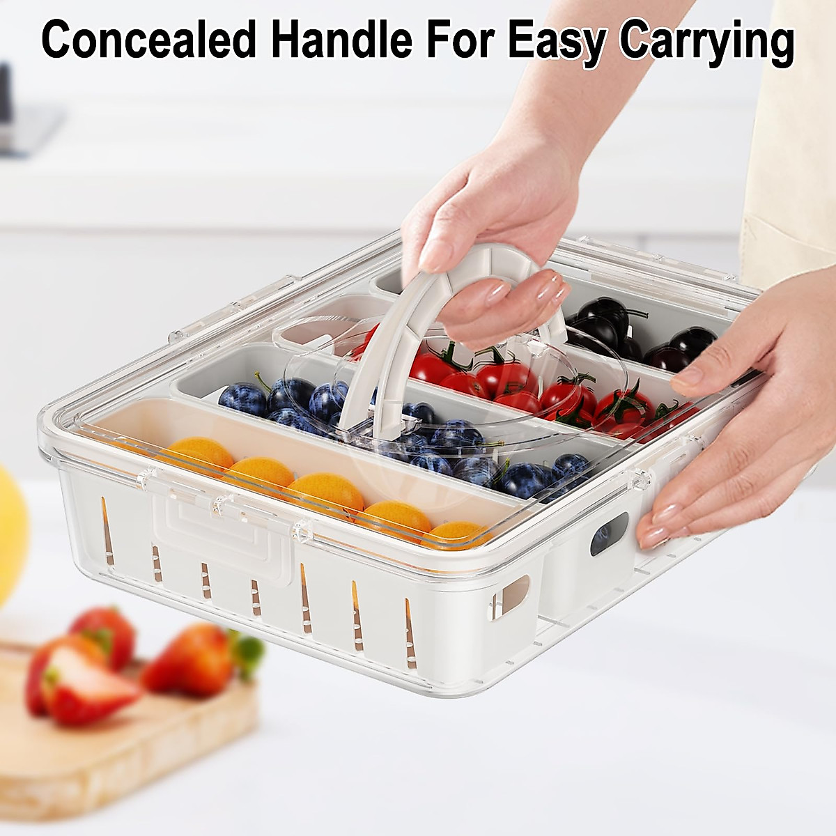 Anyvape Portable Food Storage Container with Lid & Handle,4-Compartment Leak-Proof Tray with Removable Colanders,Fresh-Keeping Organizer for Fruits,Snacks,Meal Prep,Ideal for Refrigerator,Outdoor Use