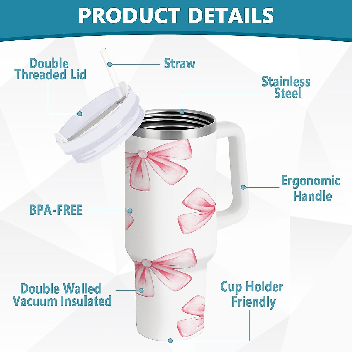 KEEPREAL 40 oz Pink Bow Tie Tumbler with Handle, Insulated Sports Water Bottle with Lid and Straw, Thermal Stainless Steel Travel Coffee Mug Cup