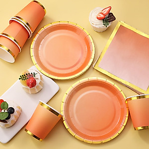 Gudvilla Orange Party Decorations, 168Pcs Orange Paper Plates and Napkins Party Supplies, Fall Paper Plates Serve 24, for Birthday Graduation Fall Thanksgving