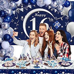 Navy Blue 16th Birthday Decorations for Boys and Girls, Happy 16th Birthday Backdrop, Tablecloth, Balloons Garland Arch Kit - 16th Birthday Banner Party Supplies Bday Decor for Sweet 16 Year Old Teen