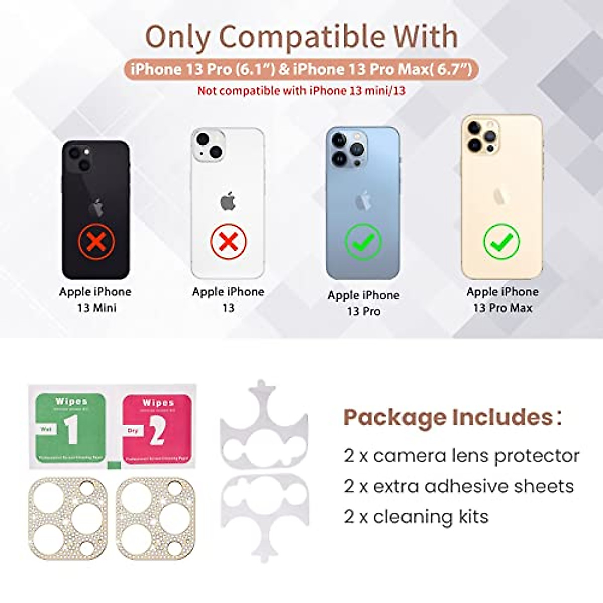 Goton 2 Pack Bling Camera Lens Protector Compatible with iPhone 13 Pro Max & 13 Pro - Glitter Diamond Metal Lens Protective-decoration Cover Accessories, Gold+Gold