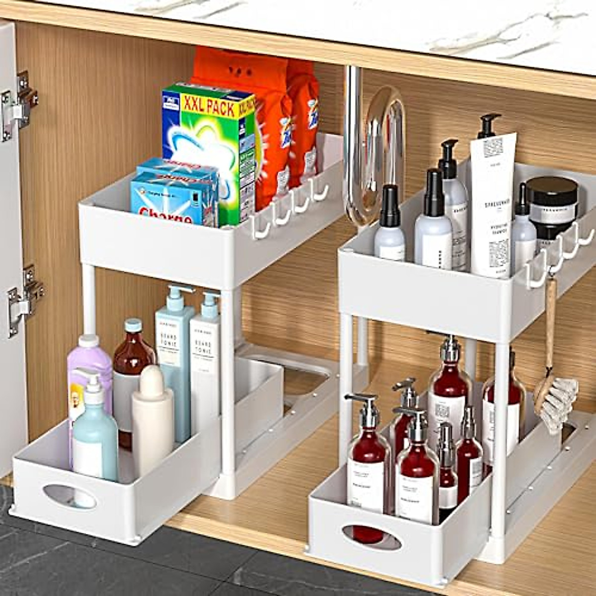PUILUO Under Sliding Cabinet Basket Organizer, 2 Tier Under Sink Organizers White Under Sink Storage for Bathroom Kitchen
