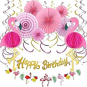 Flamingo party Honeycomb decoration, whirlpool decoration, Hanging Pink Paper Fans decoration set of 6,Glittering Birthday Banners Decorate The Hawaii Beach Party Birthday Baby Shower Decorations
