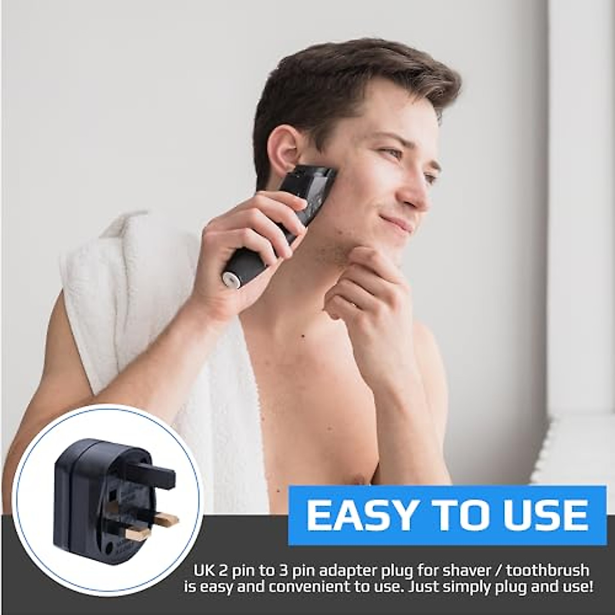 Toothbrush Adaptor Plug UK Charger Adapter Shaver Socket 2 Pin to 3 Pin Electric Converter for Razor Plugs Bathroom Two to Three Prong Charging Tooth Brush Plugs Adapters Electrical Shaving (Black)