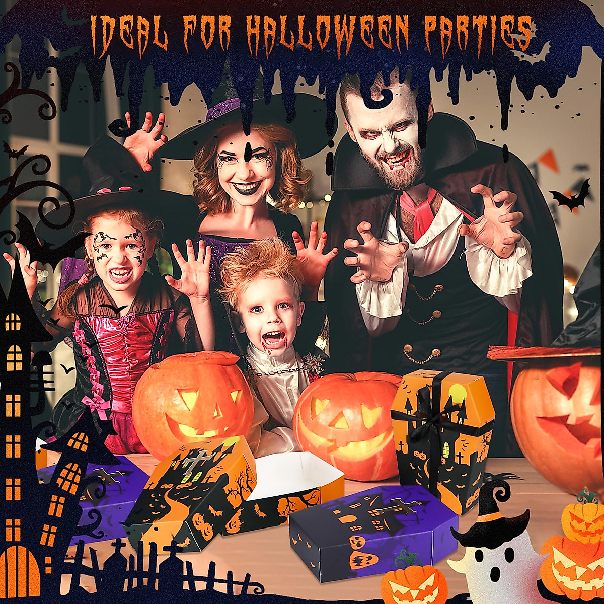 OPELETNNT 24 Pcs Halloween Trick or Treat Gift Boxes, Halloween Candy Cookie Goodie Boxs for Halloween Party Favor Supplies, Ghost Coffin Paper