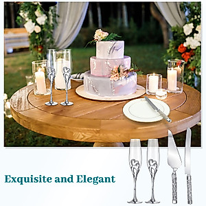 Zhehao Wedding Champagne Flutes and Cake Knife Server Set Toasting Glasses Toasting Champagne Flutes with Rhinestone Rimmed Hearts Decoration Couple Cake Cutting Set for Wedding Anniversary (Silver)