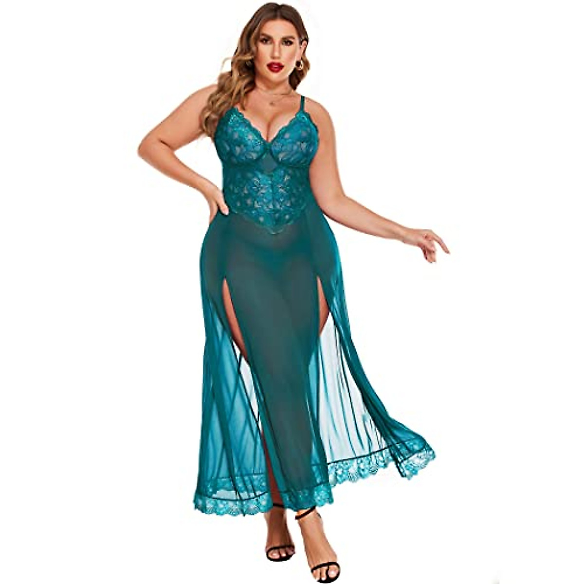 Avidlove Women's Plus Size Badydoll Lace Lingerie Long Dress Strap Chemise Nightgown Blue Green