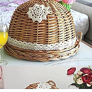 Coralpearl Rattan Wicker Woven Food Dome Lid Cover and Table Serving Tray Storage Plate Platter with Handles for Picnic Party Bread Cake Pizza Dry Fruit Dessert Indoor Outdoor (Brown)