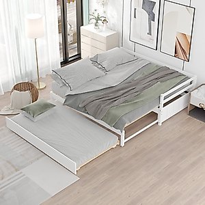 LUSPAZ Twin to Double Twin Daybed with Trundle Platform and Headboard for 3 People, White