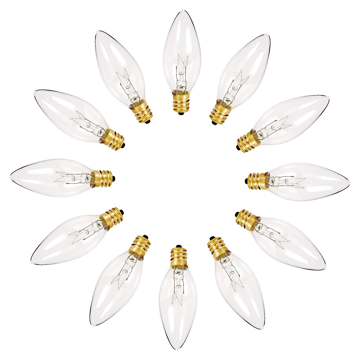 Holiday Joy - Crystal Clear Torpedo Tip Candelabra Replacement Bulbs - Great for Electric Window Candle Lamps - 7W - 120 Volts - E12 (12 Pack)