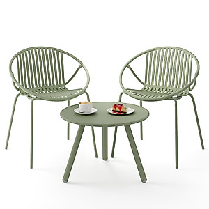 Tangkula 3 Pieces Bistro Set, All Weather PP Patio Conversation Set, Heavy-Duty Metal Frame Outdoor Acapulco Chair Set w/Round Coffee Table, 2 Chairs and Side Table Set for Deck, Balcony (Green)