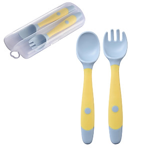 Silicone Baby Utensils Spoons Forks Sets with Travel Case - Easy Grip Toddler Feeding Training Utensil Set - First Stage of Self-Feeding for Baby - Toddler Utensils for Baby Led Weaning