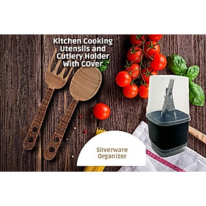 Rattan Covered Cutlery and Utensil holder, Flatware Plastic Caddy Organizer for Silverware with Cover top Perfect for Kitchen, picnic, home, BBQ, Party, Camping, Outdoor and Restaurant (BLACK)