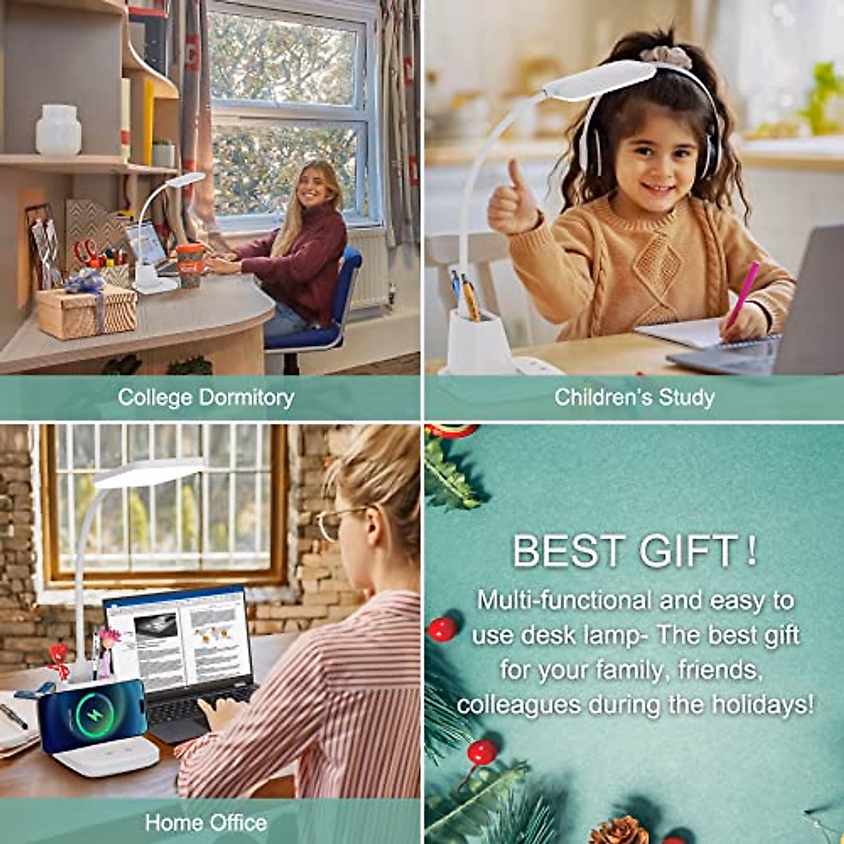 GOLSPARK Desk Lamp with Wireless Charger, Eye-Caring LED Desk Lamps for Home Office, Touch White Small Desk Light Dimming 3 Colors, 800LM, Gooseneck Study Lamp with Pen Holder for College Dorm Room