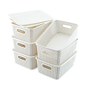 AREYZIN Plastic Storage Baskets With Lid Organizing Container Lidded Knit Storage Organizer Bins for Shelves Drawers Desktop Closet Playroom Classroom Office, White, 6 Pack