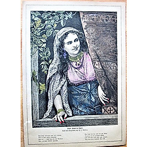 Antique Steel Engraving: Lady at the Window