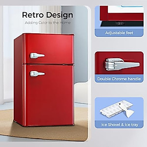 Kismile Mini fridge with freezer,3.2 Cu.Ft Compact Mini Refrigerator with Double 2 door,Adjustable Temperature,Full Size for Home,Kitchen,Dorm,Apartment,Retro Red