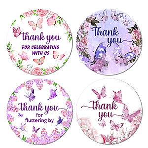 Butterfly 40 Thank You Stickers, 2 Inch Big Round Glossy Labels, Theme for Baby Shower, Birthday, Wedding, Bridal Shower, Great for Party Favors, Tags, Games and Supplies. Made in USA