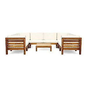 Great Deal Furniture Dawson Outdoor U-Shaped Sectional Sofa Set with Coffee Table - 9-Piece 8-Seater - Acacia Wood - Outdoor Cushions - Teak and Beige