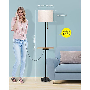 lifeholder Floor Lamp, Modern Floor Lamp with Dual USB Ports & Rectangle Tray Table, LED Floor Lamp with Line Fabric Shade & Pull Chain, Idea for Bedroom, Living Room or Office