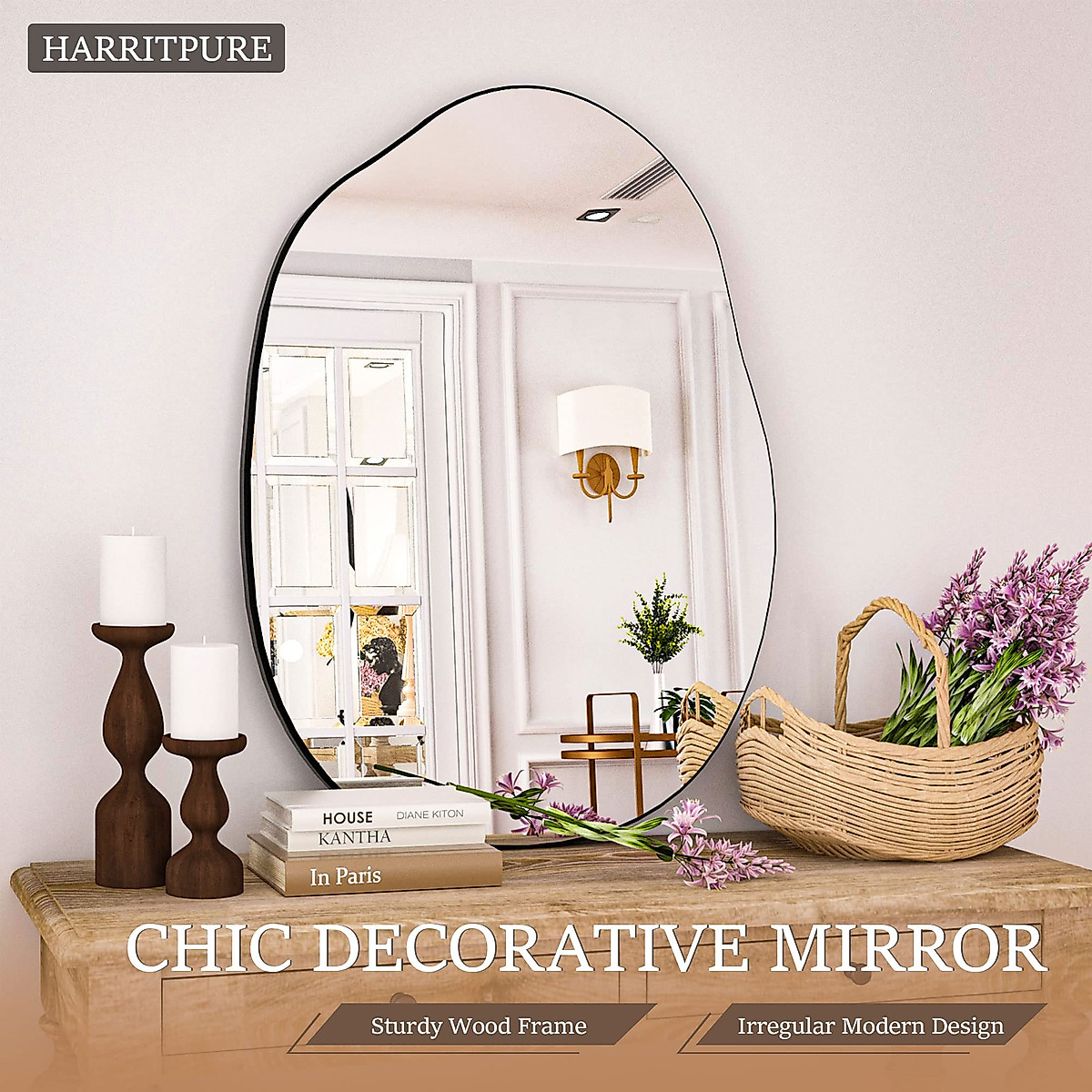 HARRITPURE Irregular Wall Mirror 26"x40" Black Asymmetrical Bathroom Mirror Wood Framed Modern Decorative Vanity Mirrors for Bedroom Living Room Entryway