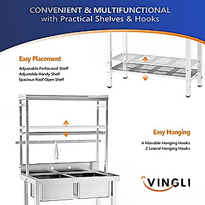 VINGLI 67" 2-Compartment Commercial Sink with Shelves Over & Drying Rack Underneath, 304 Stainless Steel Sink Double Basin with Drain for Restaurant, Freestanding Utility Sink for Laundry Room, Garage