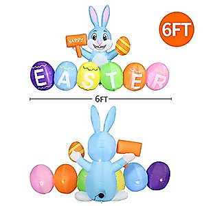 Domkom 6FT Easter Inflatable Bunny Outdoor Decorations with Eggs, Build-in LED Lights Holiday Blow Up Yard Decoration, for Easter Holiday Party, Outdoor,Garden, Yard Lawn Décor