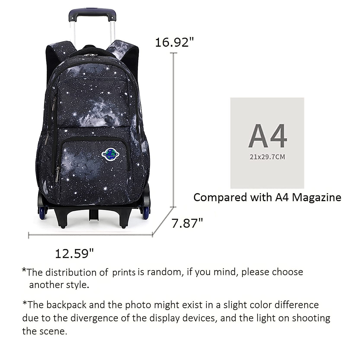 GLOOMALL Starry Sky Kids Trolley Rolling Backpack Primary School Bookbag with Wheels Travel Luggage (Black White Starry Sky)
