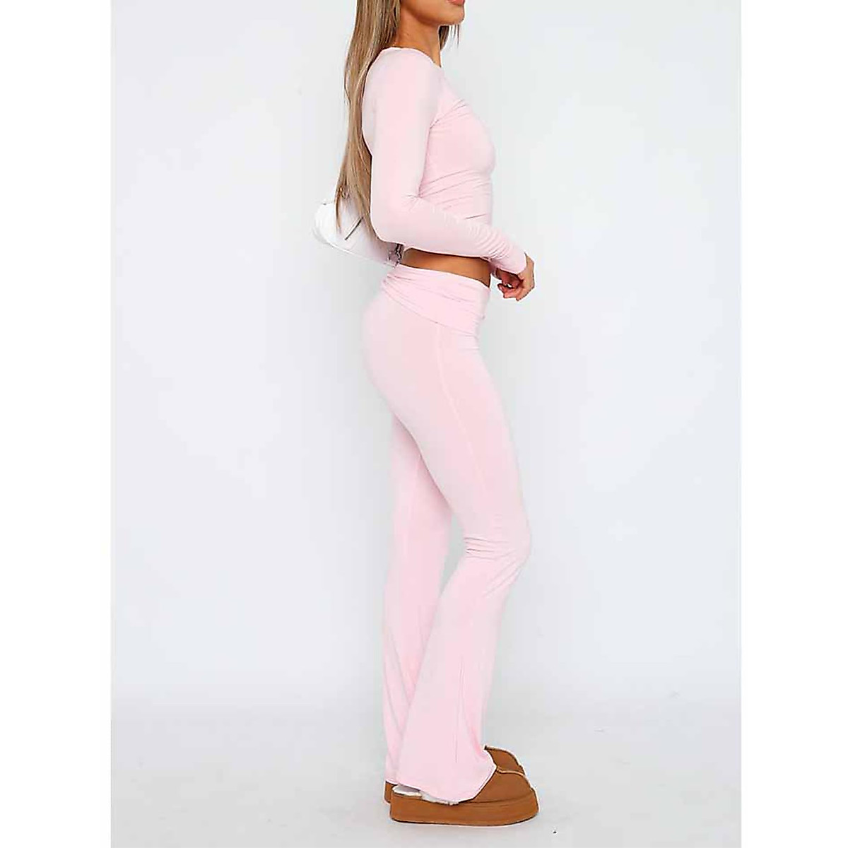 CXINS Women's Solid Color Fold Over Low Waist Pants Flare Leg Workout Leggings Bell Bottoms Bootcut Yoga Pants Pink Size M