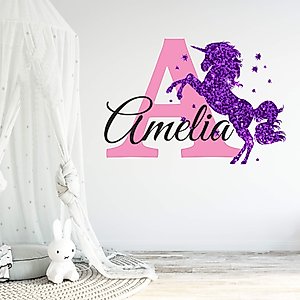 Nursery Girls Purple Glitter Sparkle Printed Unicorn Custom Personalized Name and Initial Wall Decal, Wall Decor Wall Stickers (Medium)