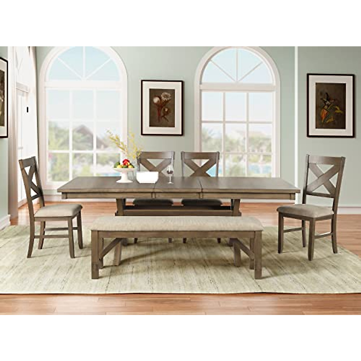 Roundhill Furniture Raven Wood 6-Piece Set, Extendable Trestle Dining Table with 4 Chairs and Bench, Glazed Pine Brown