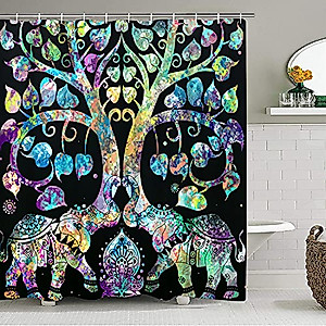 DuoBaorom 4 Pieces Set Boho Elephant Shower Curtain Set Boho Paisley Animal Tree of Life Picture Print on Non-Slip Rugs Toilet Lid Cover Bath Mat and Bathroom Curtain with 12 Hooks 72x72inch