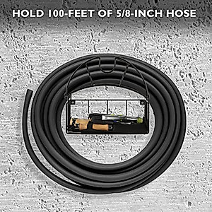 Lagute Garden Hose Holder with Tools Storage Basket Rack, Wall Mount Heavy Duty Water Hose Holder, Metal Hose Hanger Organizer Bracket for Outside Yard, Holds up to 100 ft. of Garden Hose, Brown