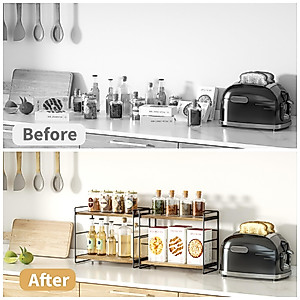 SRIWATANA Kitchen Countertop Organizer Set of 2, Bathroom Counter Shelf Spice Rack Sink Countertop Storage Desktop Large Wood Shelf - Carbonized Black