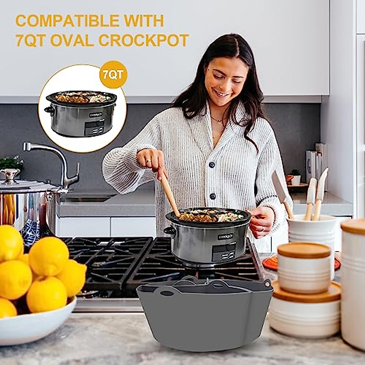 Silicone Slow Cooker Divider Insert for 7 QT Oval Slow Cooker, Reusable and Leakproof Silicone Slow Cooking Divider Liners, Non Stick, BPA Free, Dishwasher Safe, 7 Quart
