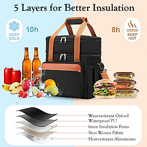 HSHPX Insulated Lunch Box Lunch Cooler Bag for Men: Expandable Large Lunchbox for Picnic Work Office Outdoor - Reusable Double Deck Lunch Tote for Adults Black Brown 15L