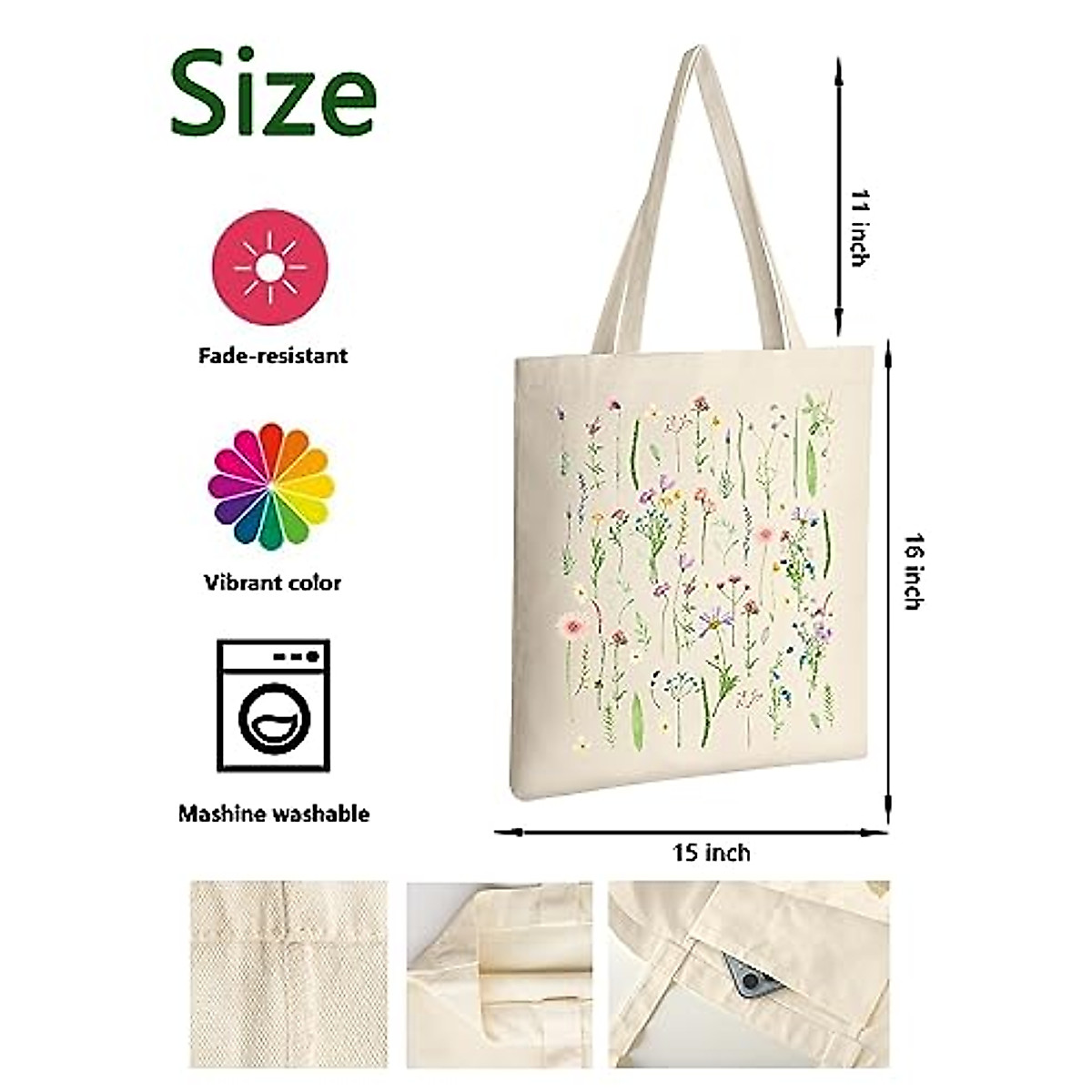AUSVKAI Canvas Tote Bag Aesthetic for Women, Cute Trendy Wildflowers Reusable Cloth Cotton Bags with Handle for Grocery School Shopping Beach