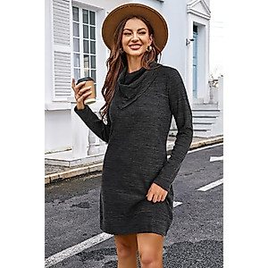 STYLEWORD 2024 Fall Sweater Dress Women's Tunic Tops for Leggings Long Sleeve Cowl Neck Elbow Patchs Casual Sweatshirts(Black3197,L)