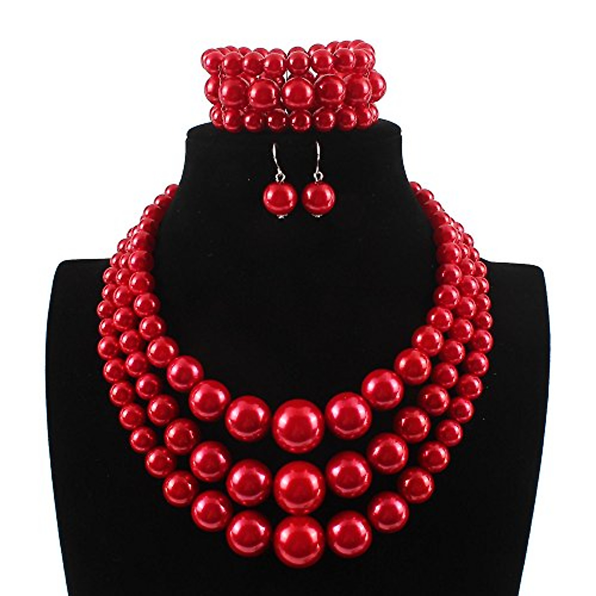 KOSMOS-LI Large Pearl Jewelry Set 3 Layer Simulated Red Pearl Women's Statement 18" Necklace Bracelet and Earrings