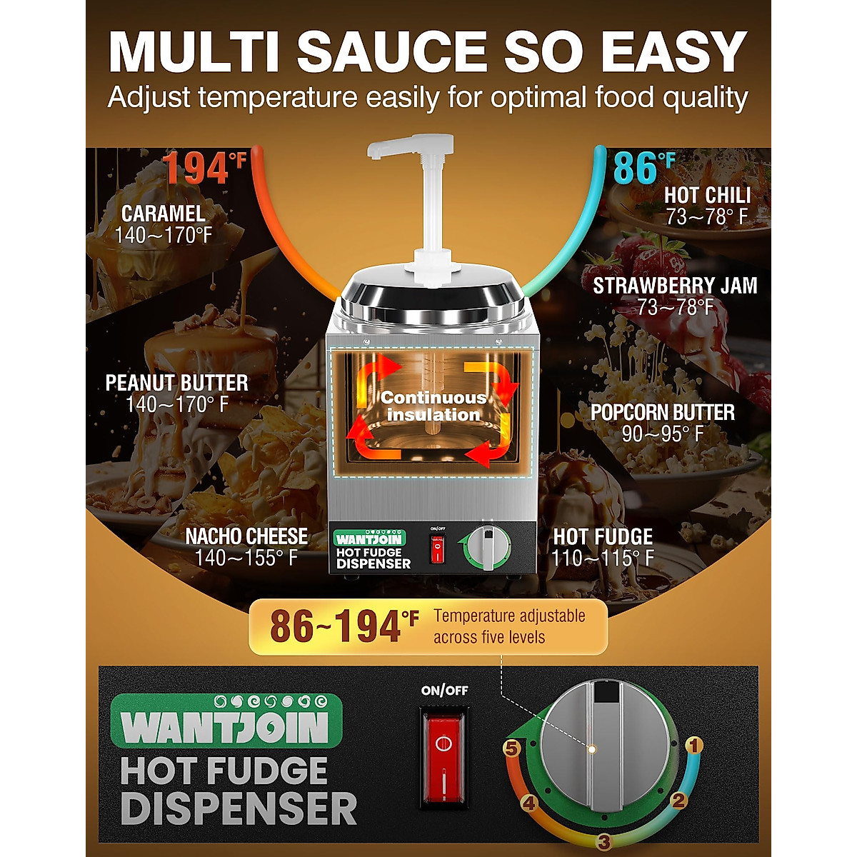 WantJoin Nacho Cheese Dispenser with Pump,2.8Qt Nacho Cheese Warmer,Stainless Steel Hot Fudge Warmer W/5-Level Temperature Adjustment,Commercial Hot Fudge Dispenser for Hot Fudge Cheese Caramel