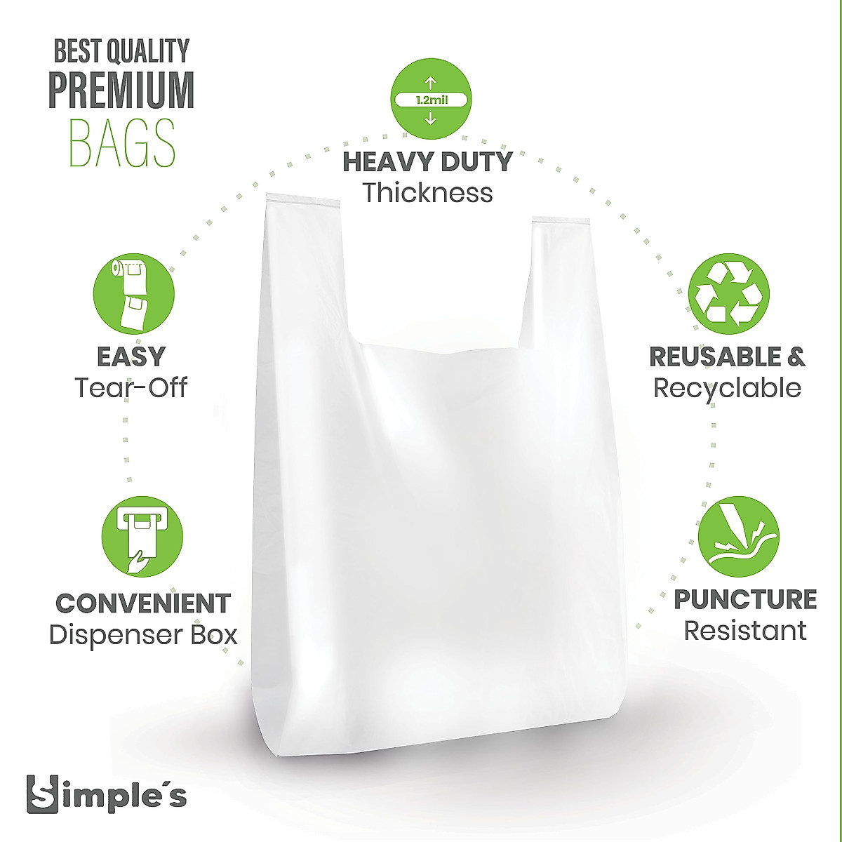 Simple's Plastic Bags with Handles For Small Business,(80 Count) Very Strong Shopping Bags, Grocery bags, plastic t-shirts bag, to go bags, Bag Dispenser Roll - Measures 12"x7"x22", 1.2 Mil Thickness