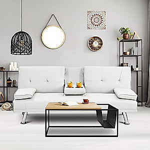 Antetek Futon Sofa Bed, Modern Convertible Upholstered Faux Leather Loveseat Sleeper Sofa Couch w/5 Adjustable Positions, Cup Holder for Living Room, Bedroom, Studio, Office, White