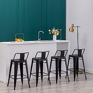 Yongqiang 26 inch Metal Barstools Set of 4 Indoor Outdoor Bar Stools with Back Kitchen Dining Counter Stools Bar Chairs Matte Black