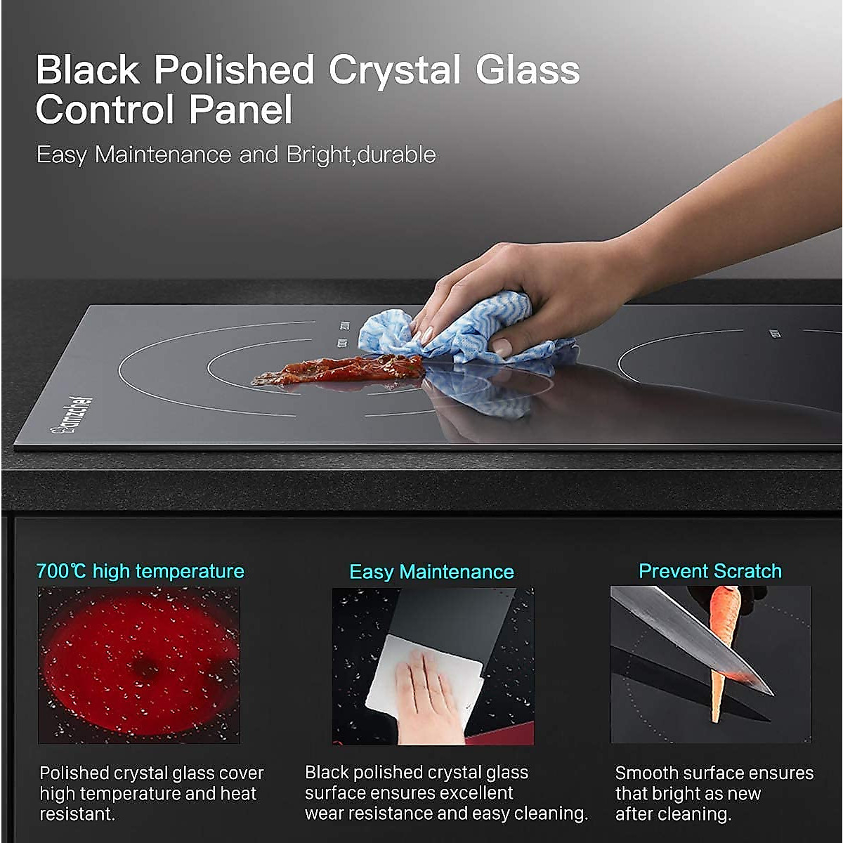 AMZCHEF 2 Burner Electric Cooktop 12 Inch, Domino Electric Stove Top 120v Plug Ceramic Cooktop with 1800W 9 Power Levels,Sensor Touch,Child Lock,Residual Heat Indicator,Built-in&Countertop,Upgraded