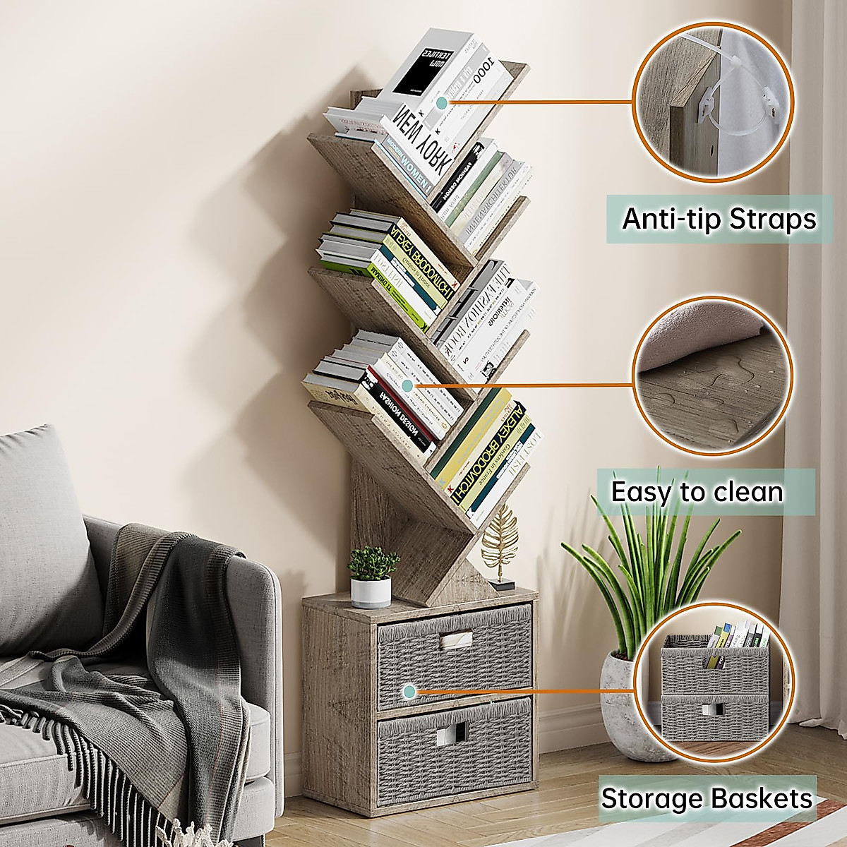 Vagusicc 6 Tier Tree Bookshelf, Modern Floor Standing Bookcase with Storage Drawer, Space Saving Storage Organizer Book Shelves for Books, Tall Wood Storage Rack for Bedroom/Living Room/Home Office