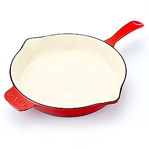 Lava Enameled Cast Iron Ceramic Skillet with Side Drip Spouts - 11 inch Round Frying Pan with White Ceramic Enamel Coated Interior - Edition Series (Red)