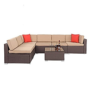 New Outdoor Courtyard Modular Furniture Set 7-Piece Rattan Sofa, Rattan Garden deep seat Dialogue Sofa with seat Cushion Tempered Glass Table