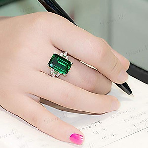 Green Simulated Emerald Silver Rings Emerald Cut Created Green Emerald 18K Platinum Plated Engagement Wedding Ring Womens 5ct Birthstone Solitaire Engagement Ring(8)