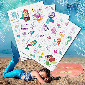 Mermaid Glitter Temporary Tattoos for Kids, 4 Sheets Bronzing Fake Tattoos for Girls, Cute Under Sea Animal Body Arm Shoulder Tattoos Stickers Waterproof Tattoos, Party Favors Supplies Decor Gifts